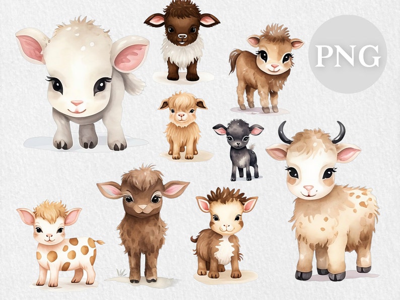 Cute Farm Watercolor Clipart, Animals With Big Eyes, Watercolor Style ...
