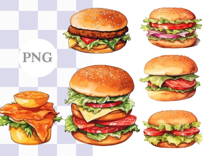 Fast Food Watercolor Clipart Collection Hamburgers - Etsy