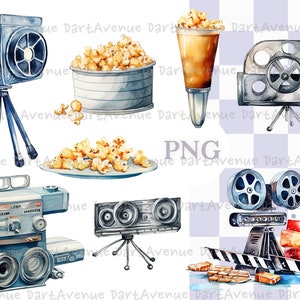 Watercolor Cinema Clipart Collection, Film, Popcorn, Movie Clipart Logo ...