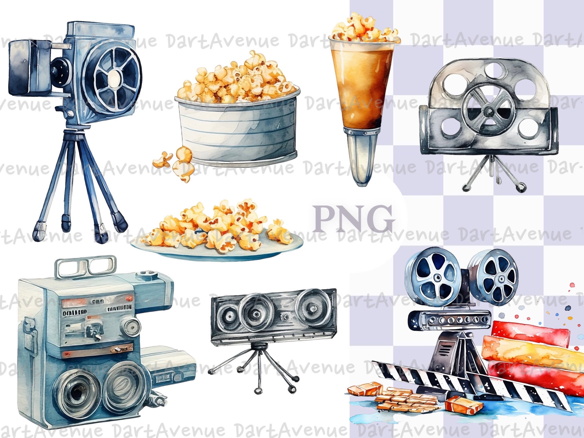 Watercolor Cinema Clipart Collection, Film, Popcorn, Movie Clipart Logo ...