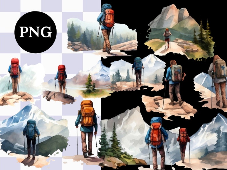 Mountains and Hiking Clipart Collection, Watercolor Style, Camping ...