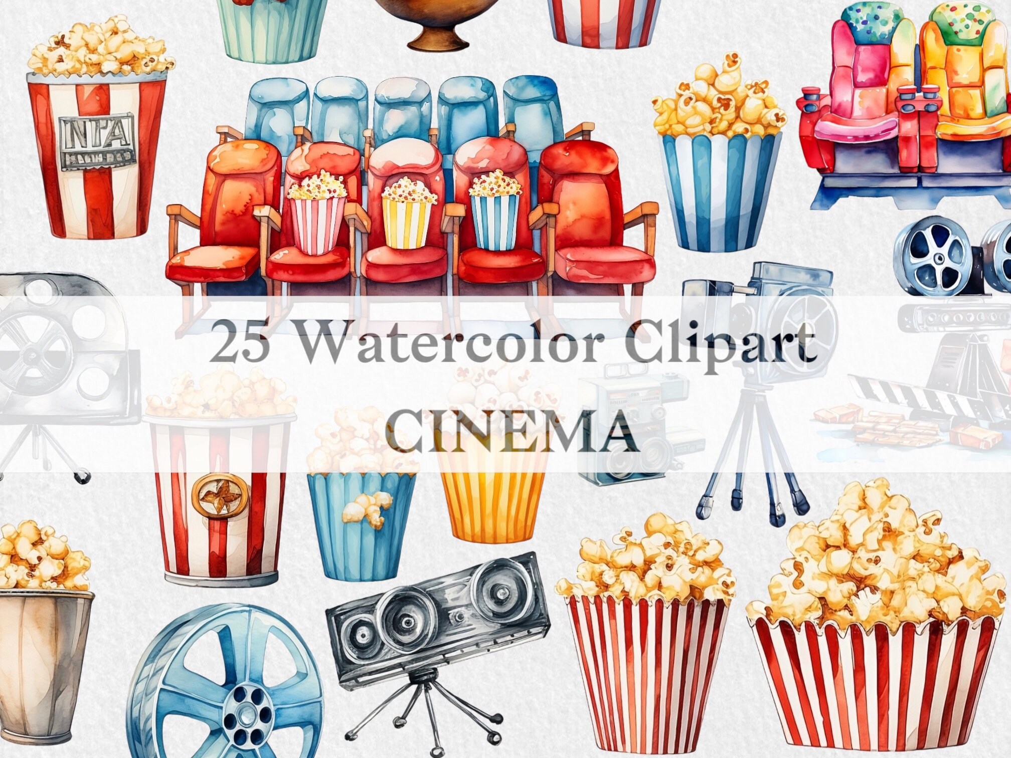 Watercolor Cinema Clipart Collection, Film, Popcorn, Movie Clipart Logo ...