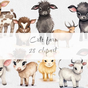 Cute Farm Watercolor Clipart, Animals With Big Eyes, Watercolor Style ...