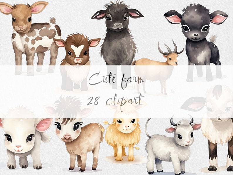 Cute Farm Watercolor Clipart, Animals With Big Eyes, Watercolor Style ...