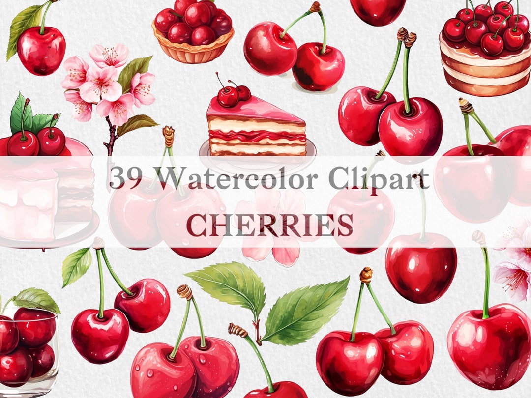 Watercolor Cherry Clipart, Hand Painted Cherries, Summer Fruits Clipart ...