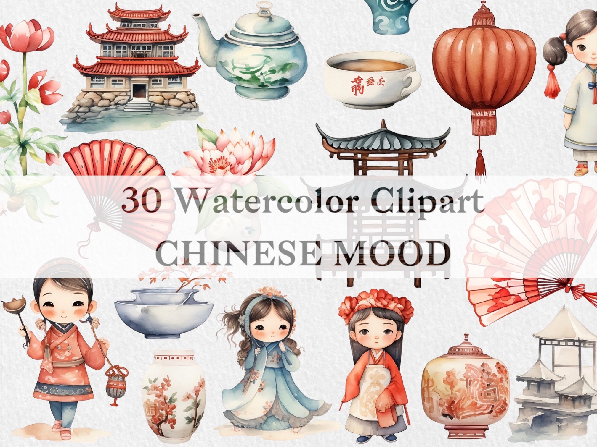 Chinese Mood Clipart Collection, China Culture, Asia China Watercolor ...
