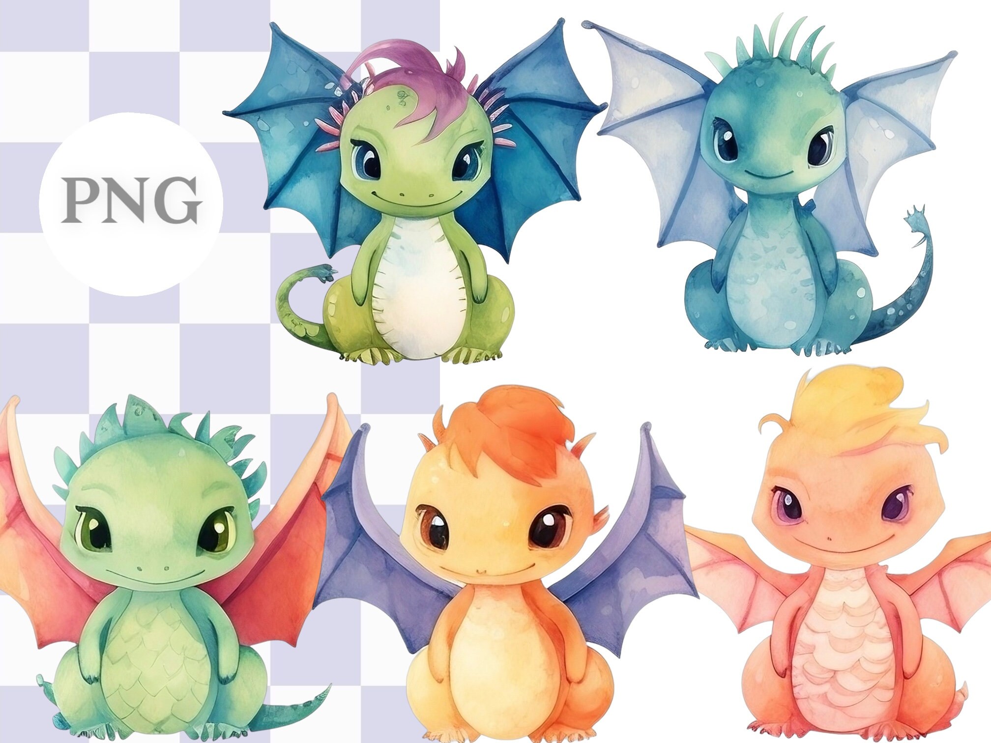 Dragons Watercolor Clipart Cute Dragons With Big Eyes - Etsy
