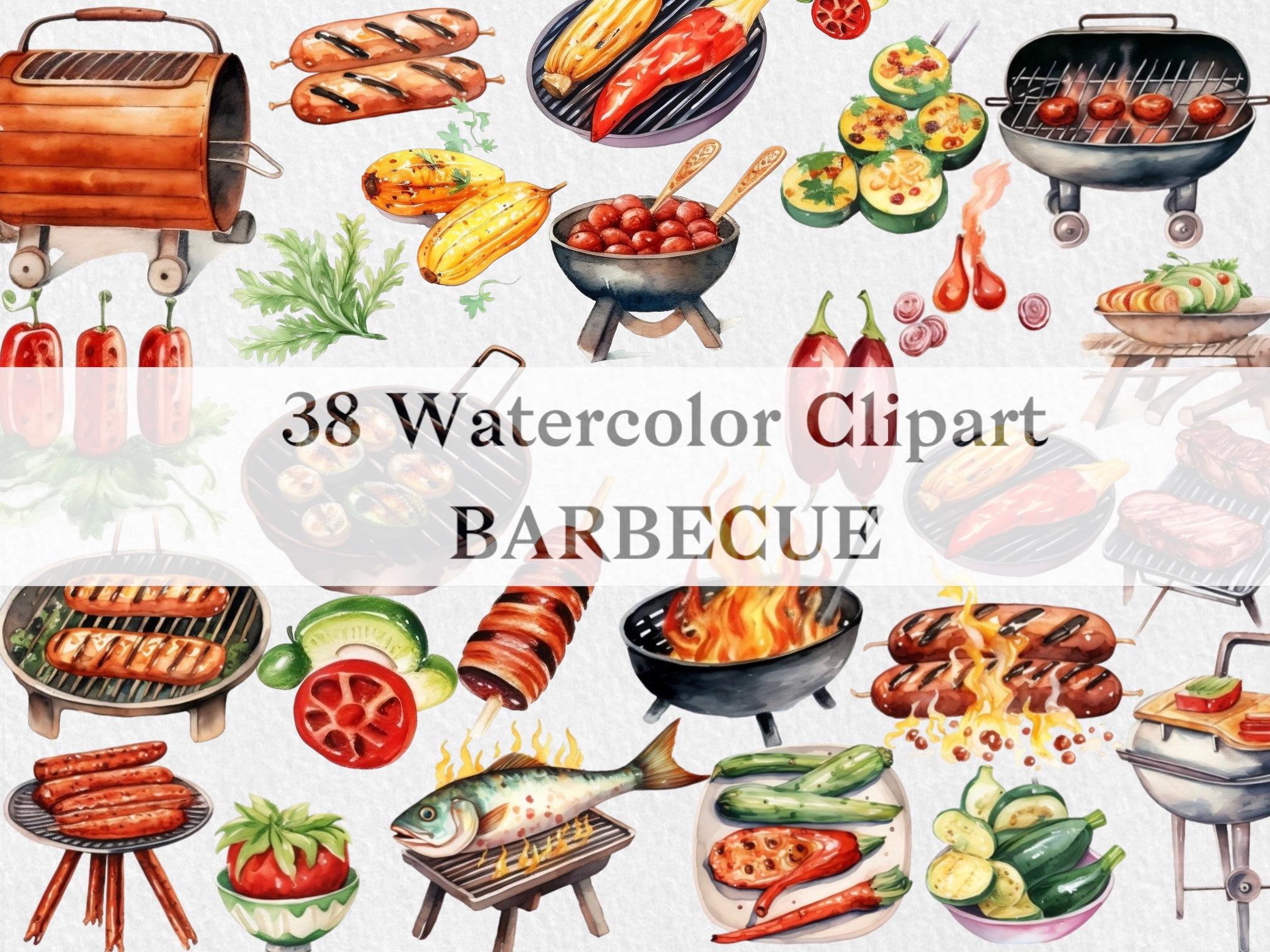 Barbecue Watercolor Clipart, BBQ Clipart Collection, Grill PNG Format ...