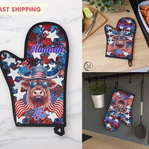 Highland Cow Kitchen Oven Mitt Custom Name Gift Veterans Day Oven Mitt ...