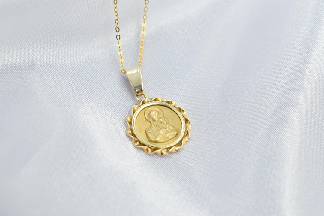 14K Solid Gold Orthodox Mary and Jesus,greek Constantine Necklace ...