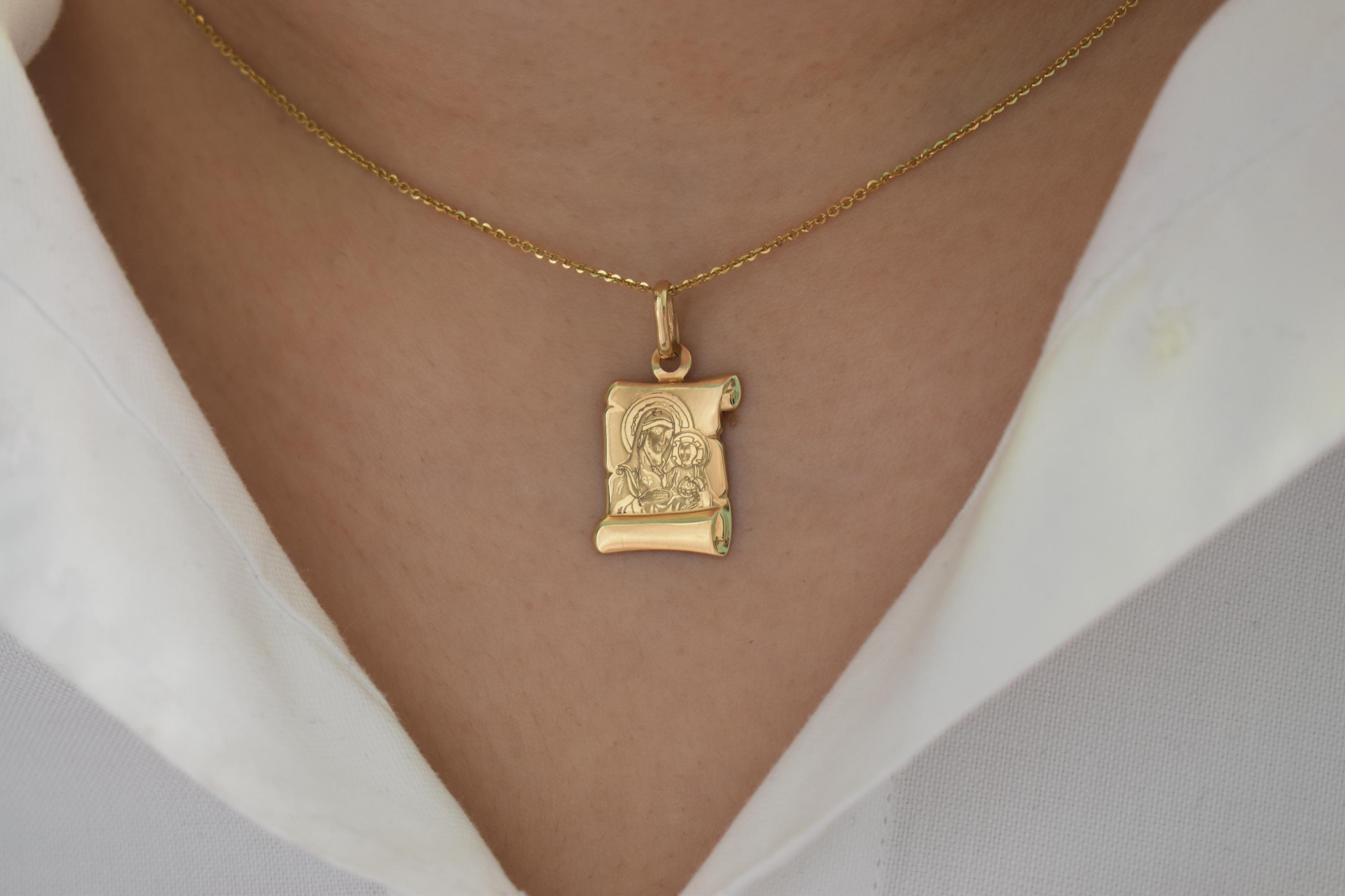 9K Solid Gold Orthodox Mary and Jesus,greek Constantine Necklace ...