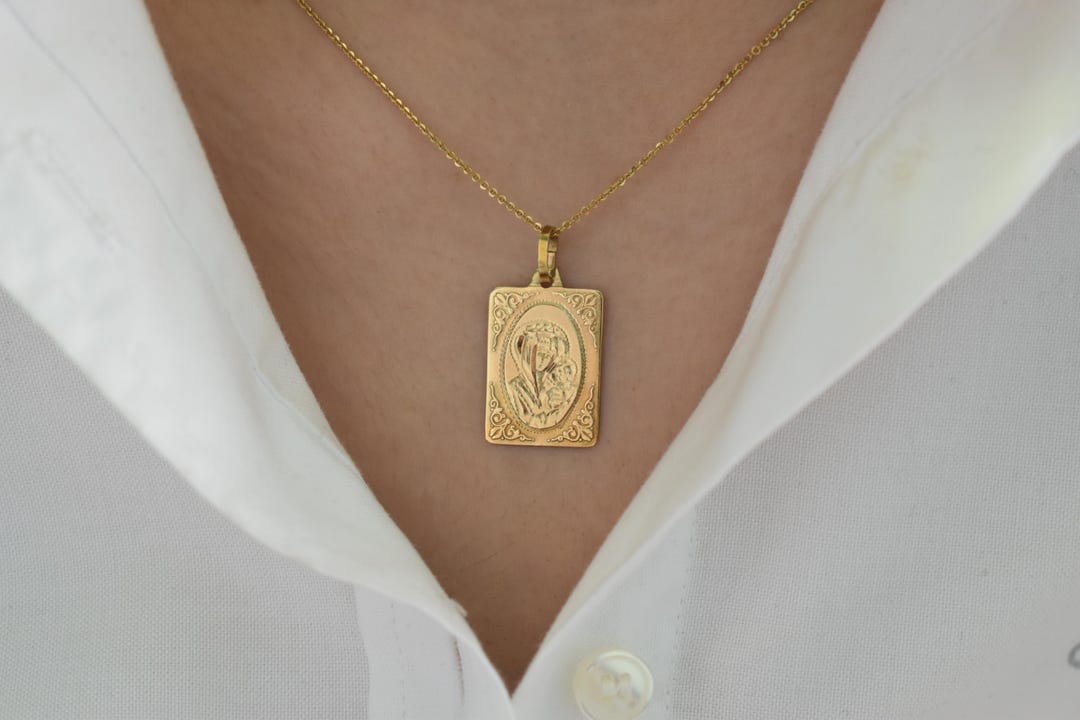 14K Solid Gold Orthodox Mary and Jesus,greek Constantine Necklace ...