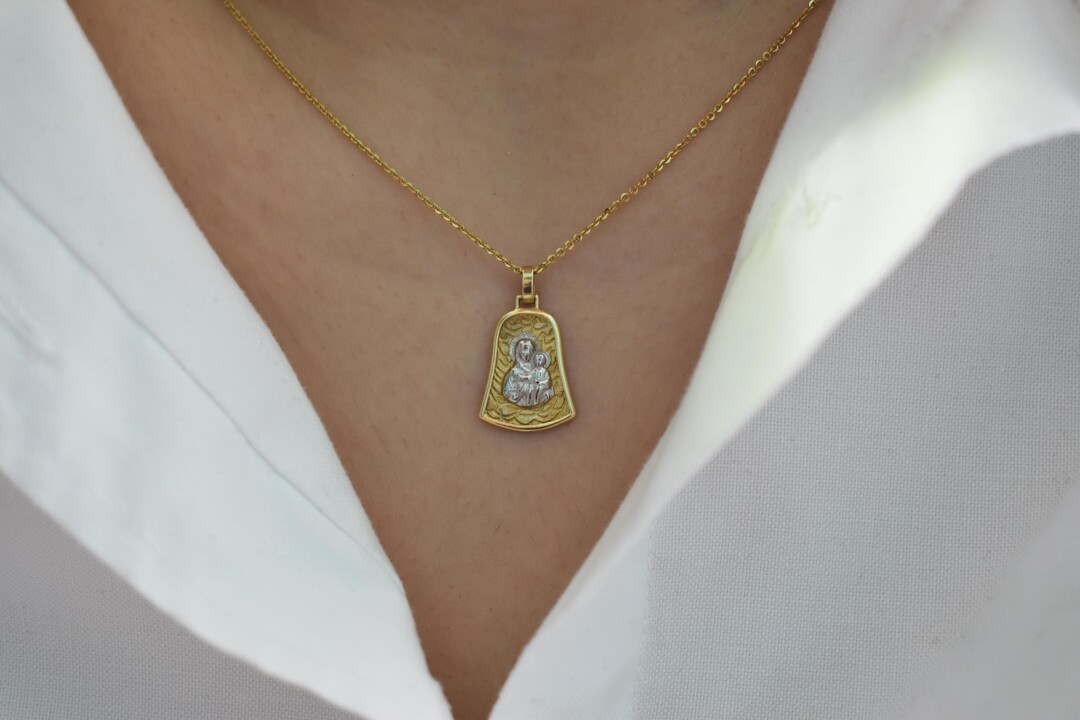 14K Solid Gold Orthodox Mary and Jesus,greek Constantine Necklace ...