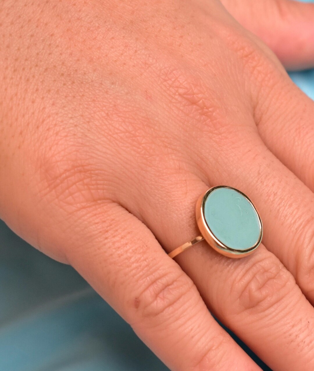 14K Solid Gold Ring Baby Blue Enamel,14k Modern Ring,vibrant Gold Ring ...