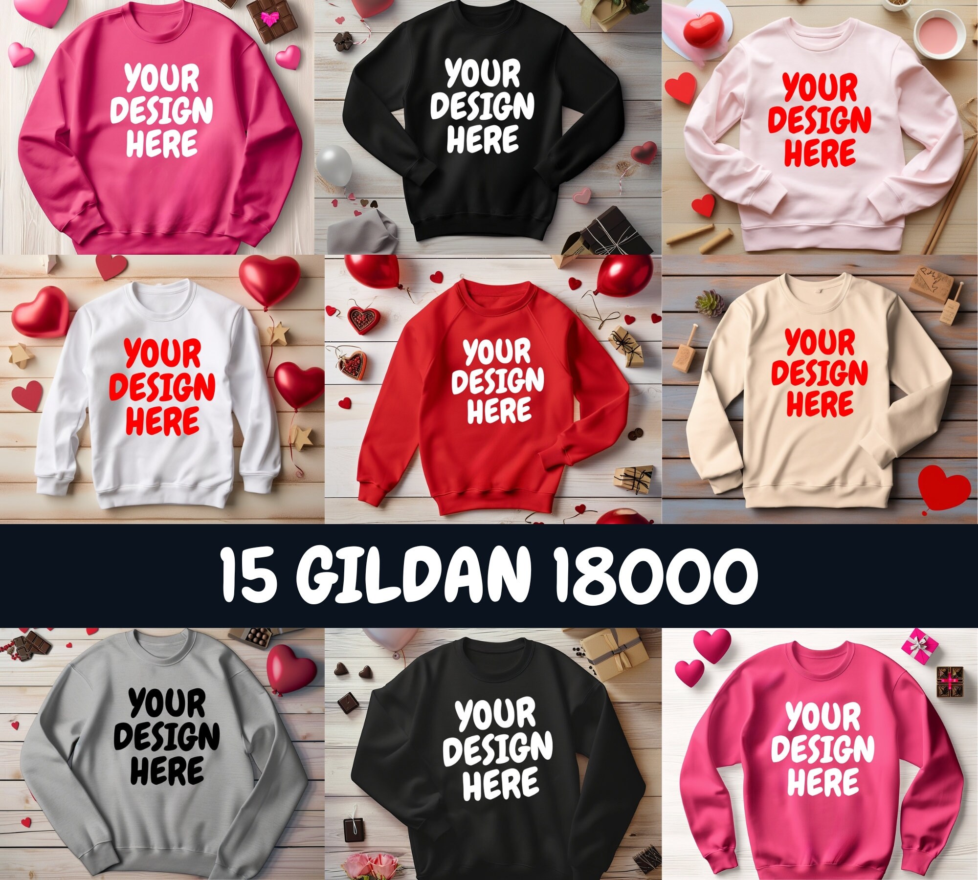 15 X Valentine Gildan 18000 Mockups Flat Lay Sweater Mock up Valentines ...