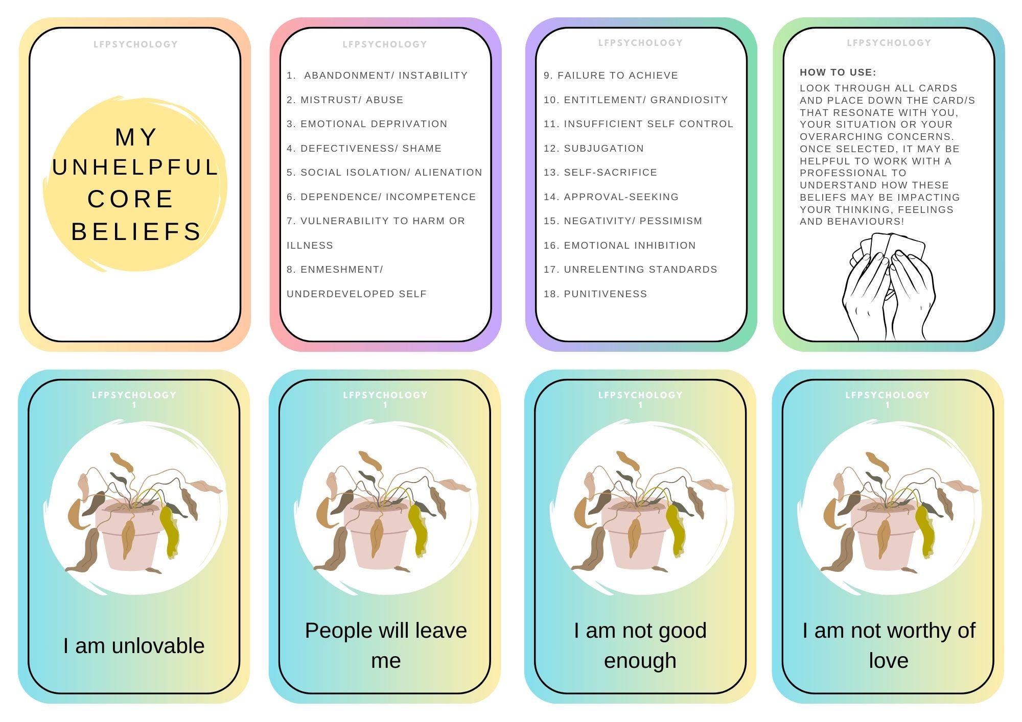 72 Unhelpful Core Beliefs (schema) Cards - Etsy
