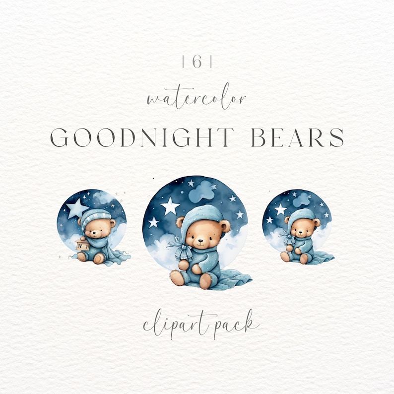Watercolor Goodnight Teddy Bear Clipart: Commercial Use Pngs (digital ...