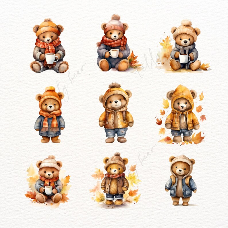 Watercolor Autumn Teddy Bear Clipart: Fall PNG Bundle (digital Download ...