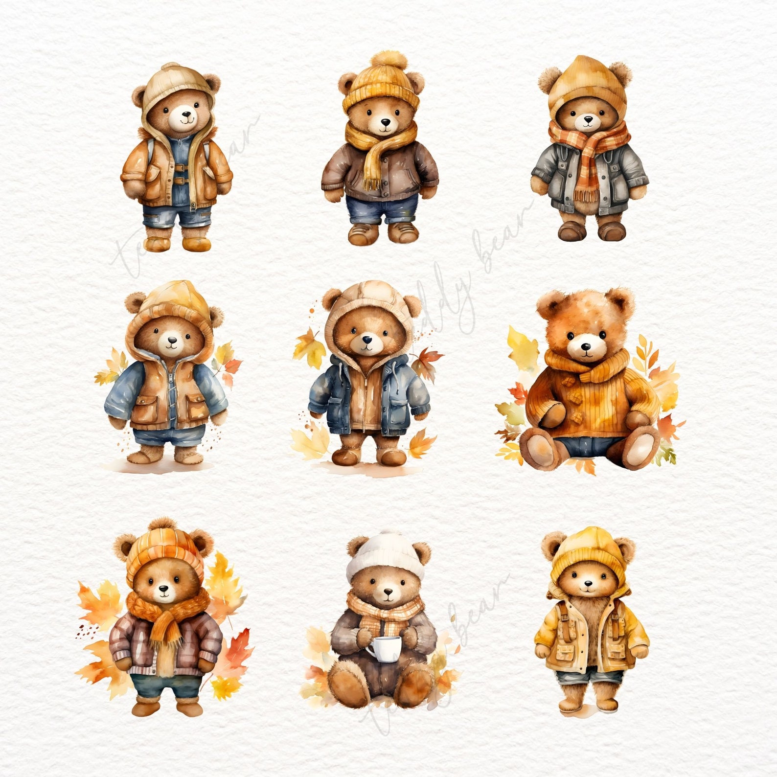 Watercolor Autumn Teddy Bear Clipart | Baby Shower Clipart | Fall Teddy ...