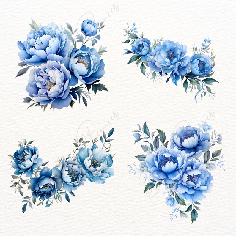 Watercolor Blue Peonies Clipart: Commercial Use Floral PNG (digital ...