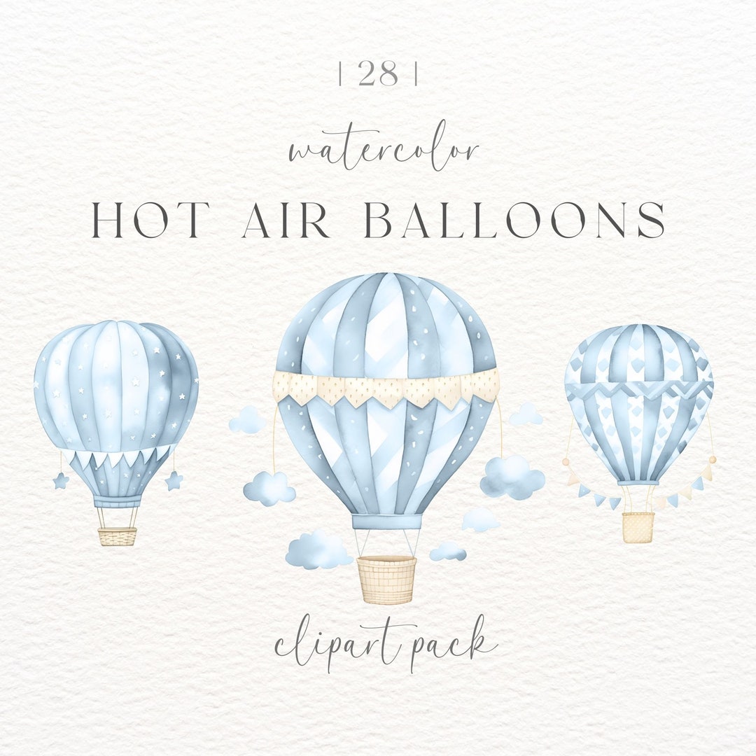 Blue Hot Air Balloon Clipart: Watercolor PNG Bundle (digital Download ...