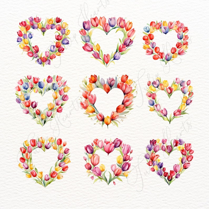 Watercolor Tulip Hearts Clipart: Spring Floral Bundle (digital Download ...