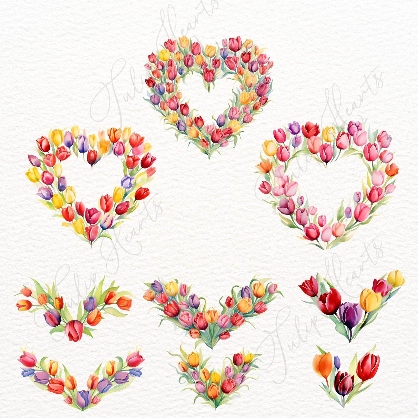 Watercolor Tulip Hearts Clipart: Spring Floral Bundle (digital Download ...