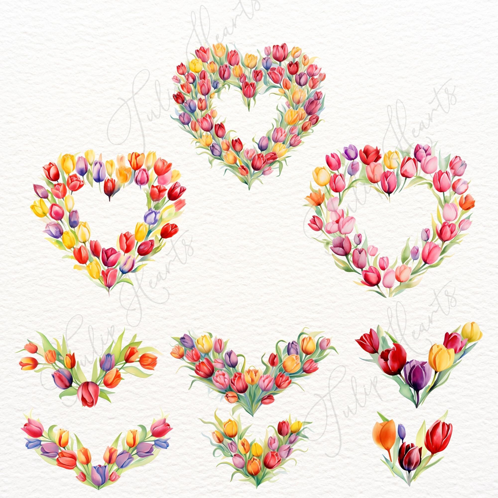 Watercolor Tulip Hearts Clipart: Spring Floral Bundle (digital Download ...