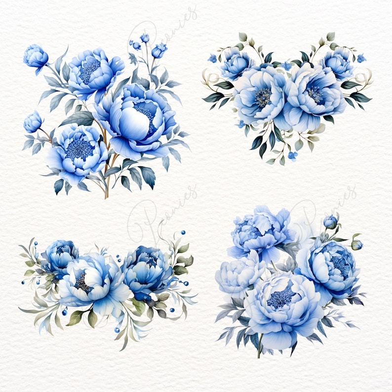 Watercolor Blue Peonies Clipart: Commercial Use Floral PNG (digital ...