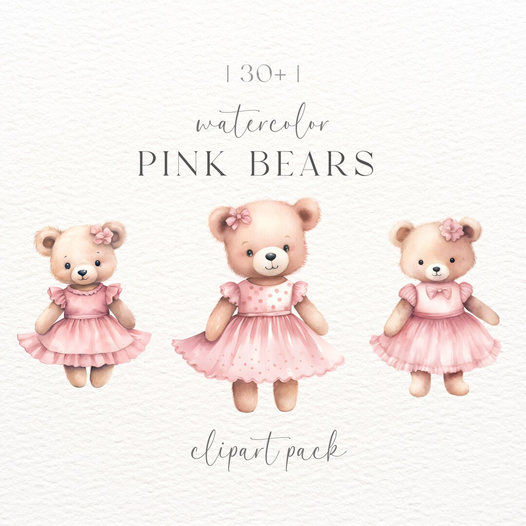 Watercolor Pink Bear Clipart Bundle: Baby Shower Graphics (commercial ...