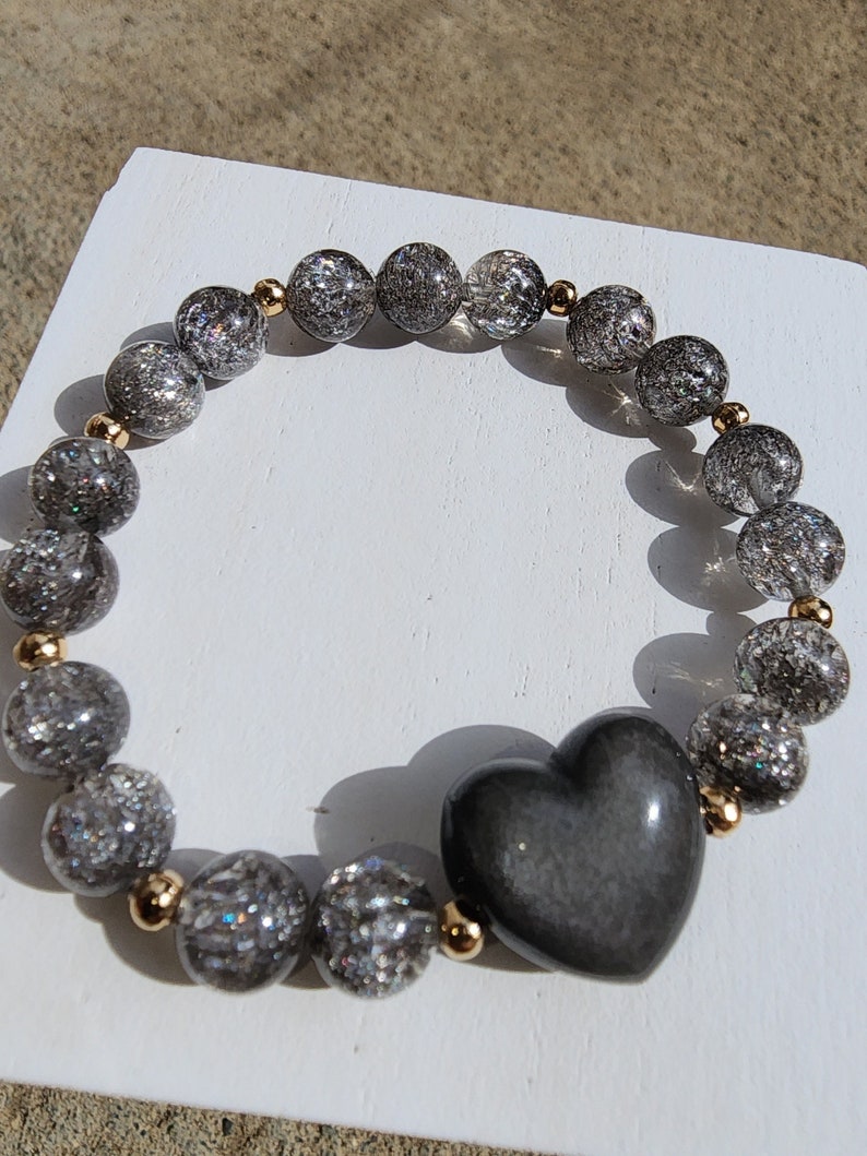 Flashy Fireworks Quartz Bracelets W/silver Obsidian Heart, 8mm Beads ...