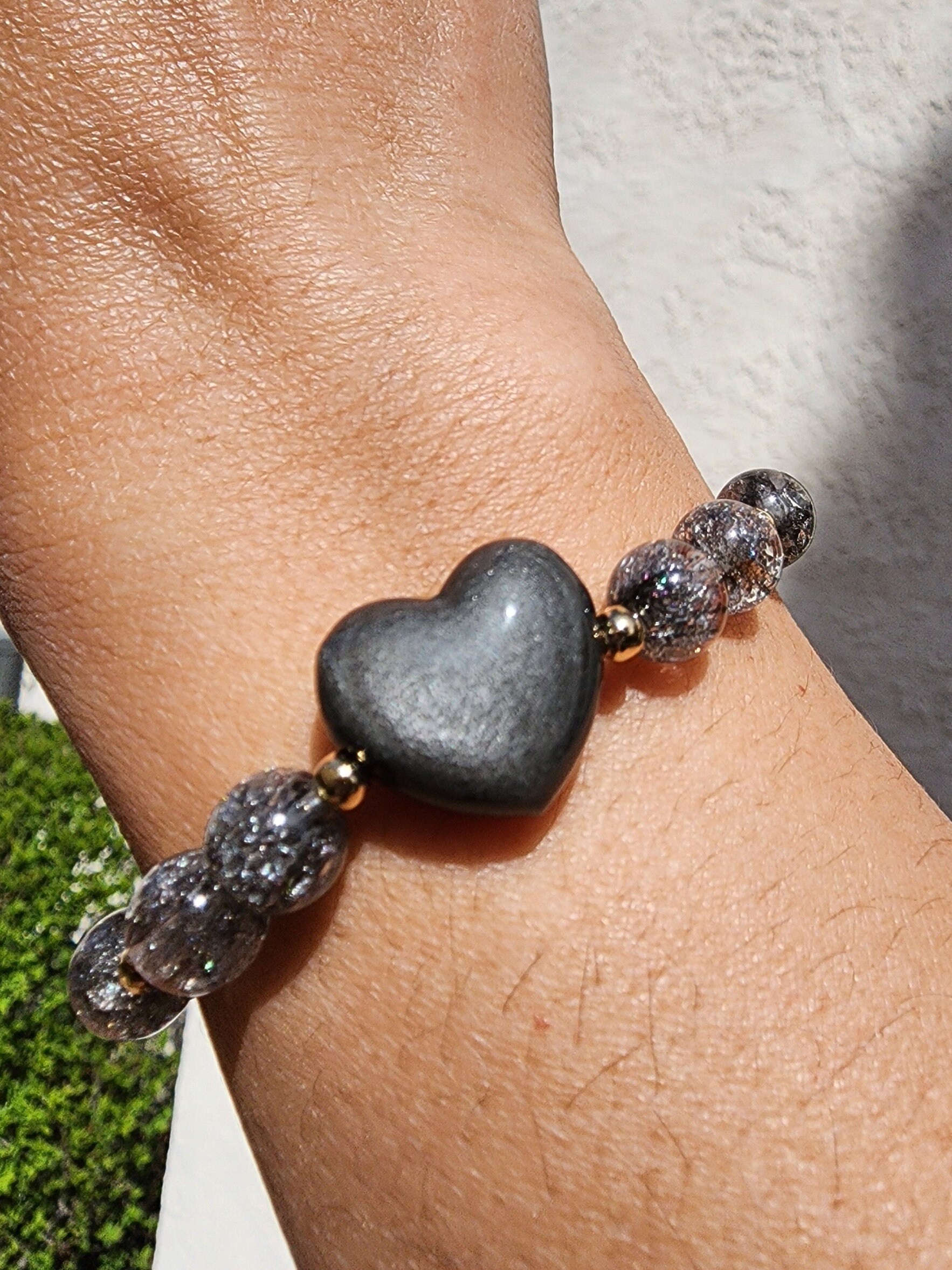 Flashy Fireworks Quartz Bracelets W/silver Obsidian Heart, 8mm Beads ...