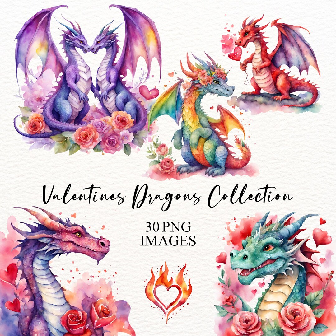 Valentines Day PNG Watercolour Dragon Clipart Bundle, Colourful Fantasy ...