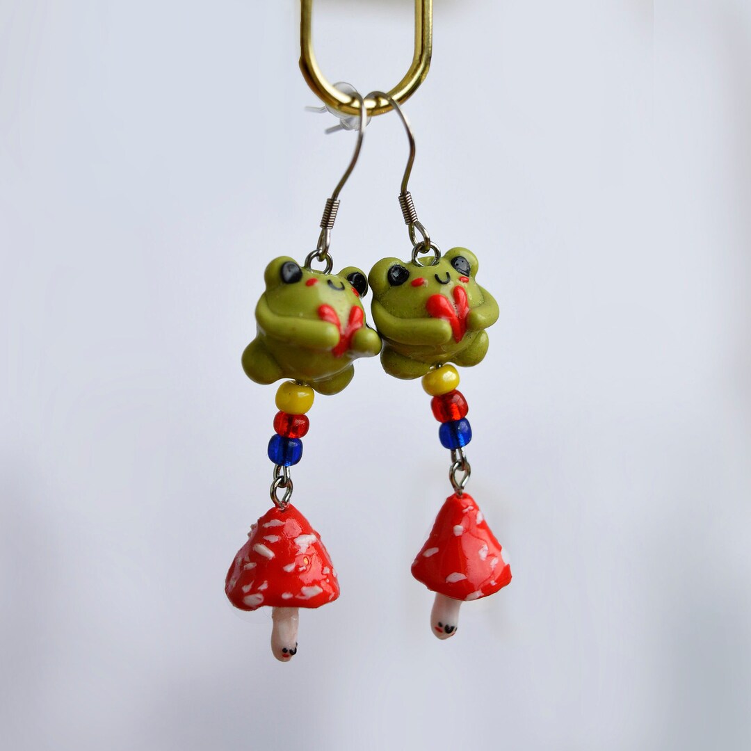 Earrings Frogs and Toadstools : - Etsy