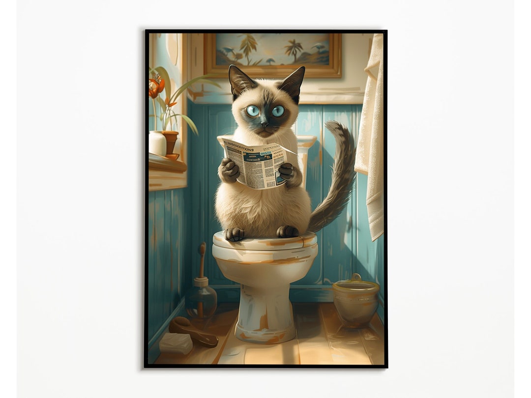 Siamese Cat Sitting on the Toilet and Reading Newspaper, Bathroom ...