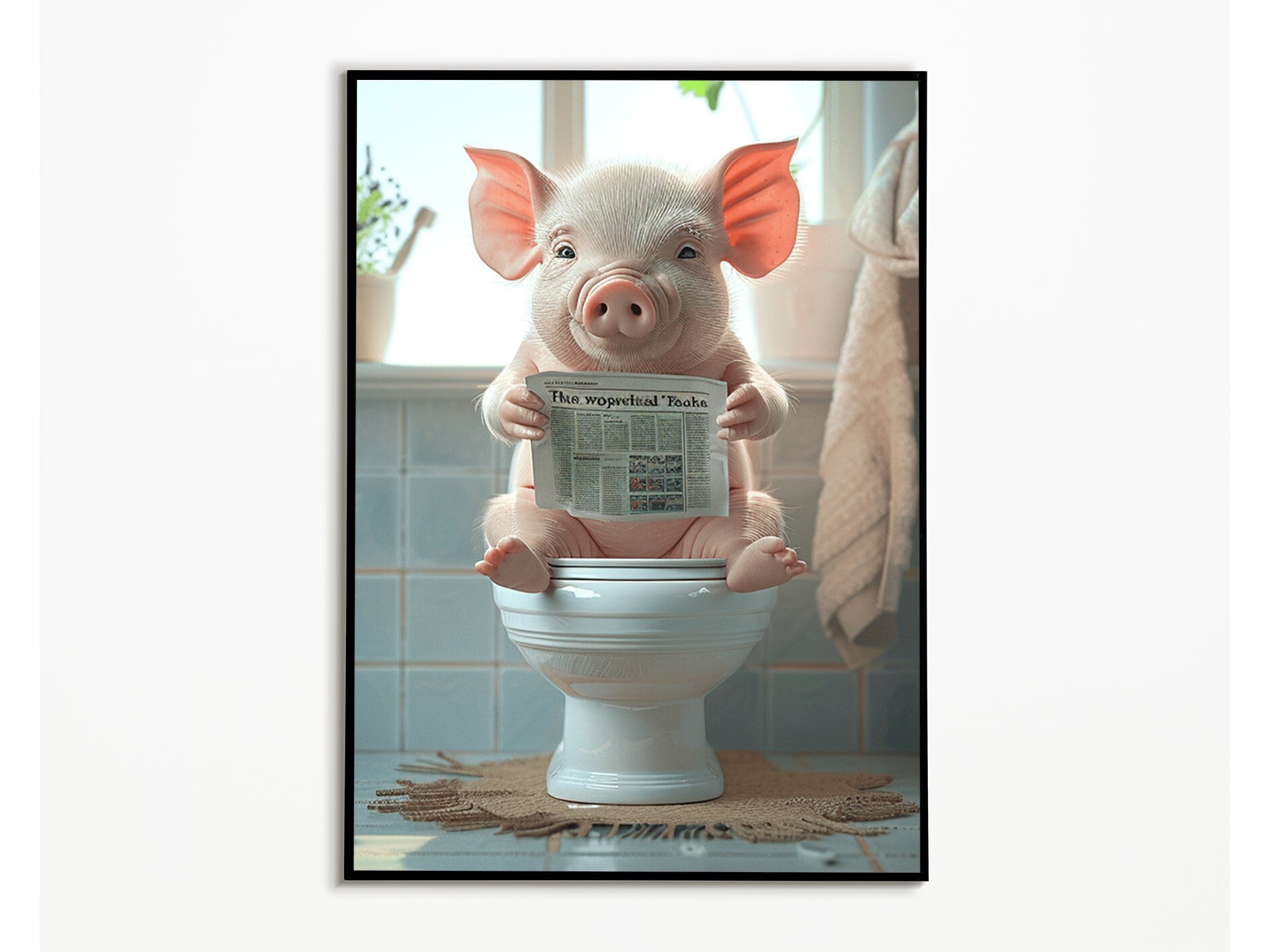 Pig on the Toilet and Reading Newspaper, Bathroom Poster, Digital ...