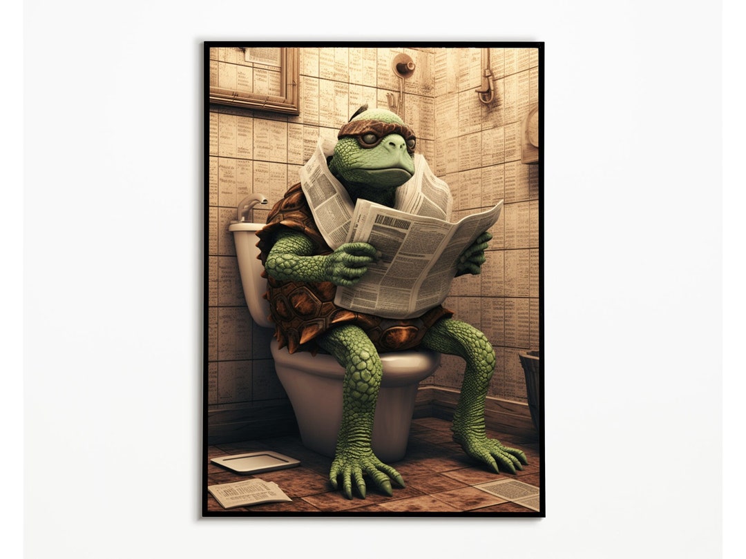 Ninja Turtle Sitting on the Toilet and Reading the Newspaper, Bathroom ...