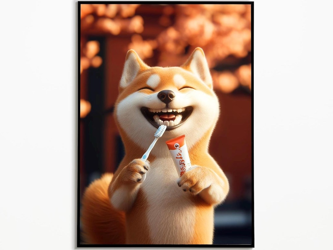 Shiba Inu Brushing Teeth, Bathroom Poster, Digital Download, Gift for ...