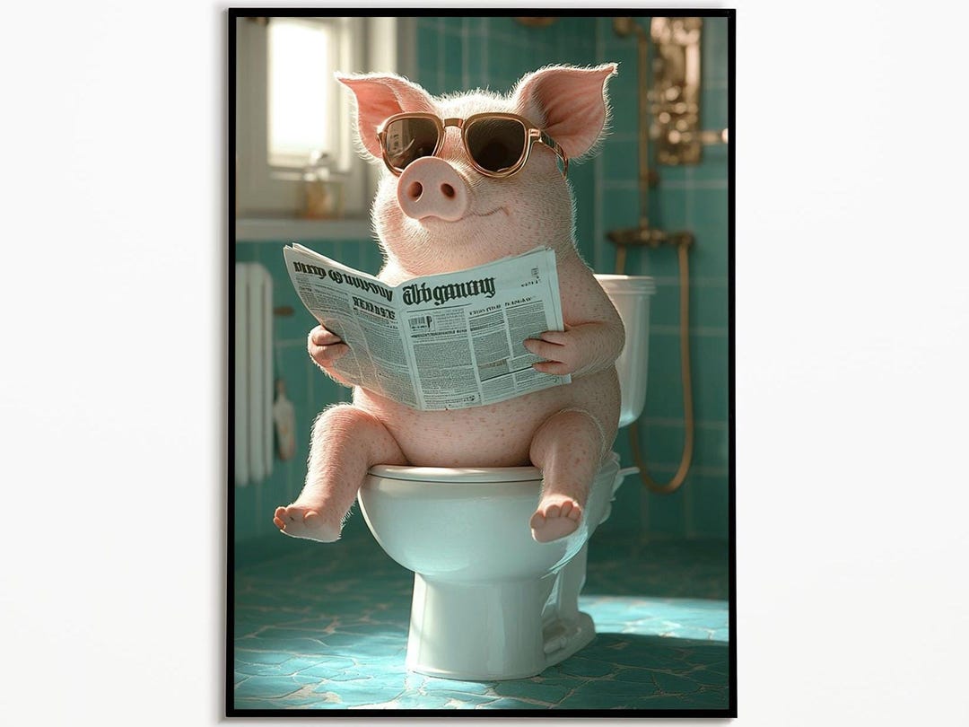 Pig on the Toilet and Reading Newspaper, Bathroom Poster, Digital ...