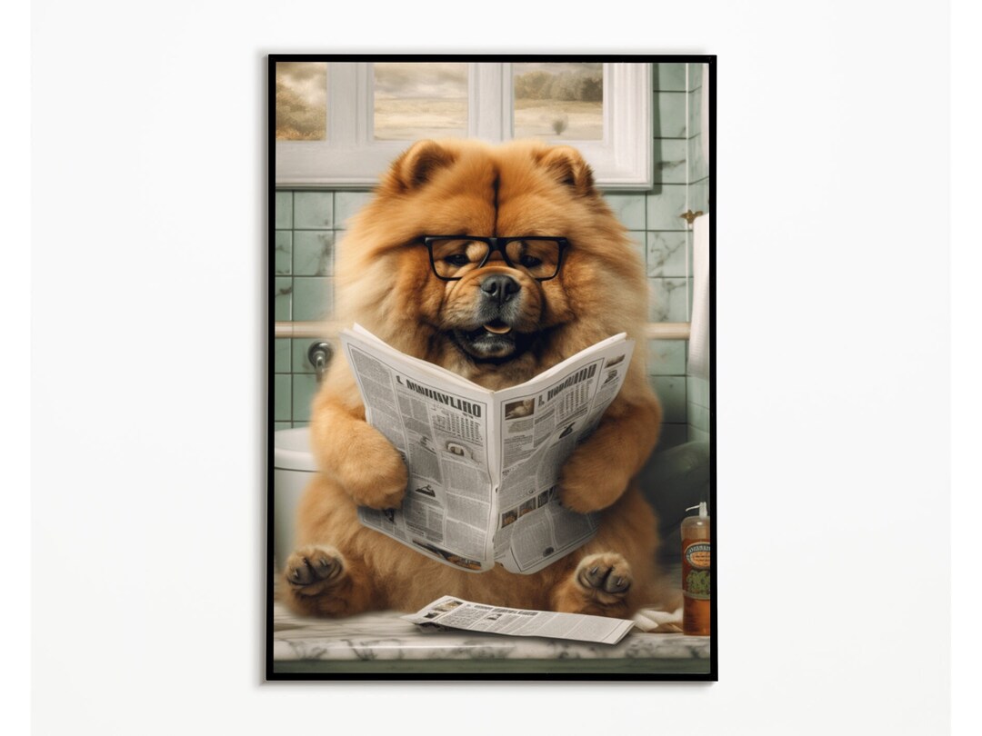 Chow Chow on the Toilet and Reading Newspaper, Bathroom Pictures ...