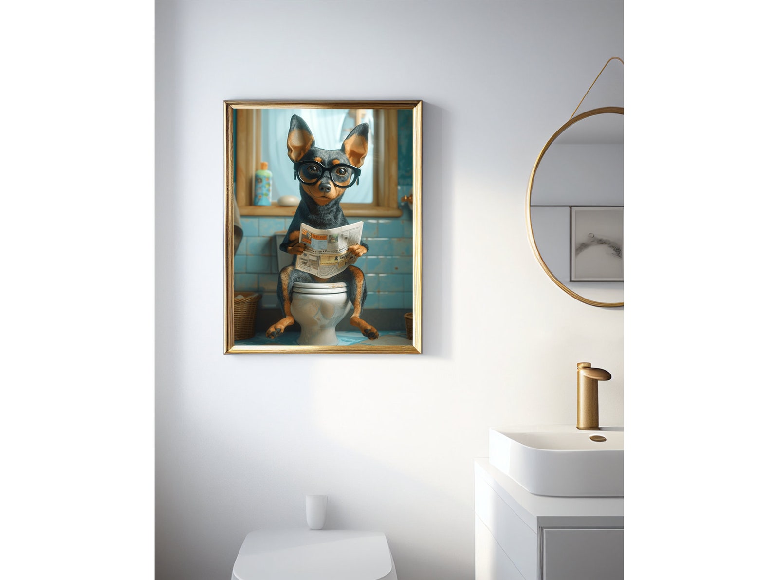 Miniature Pinscher on the Toilet and Reading the Newspaper, Bathroom ...