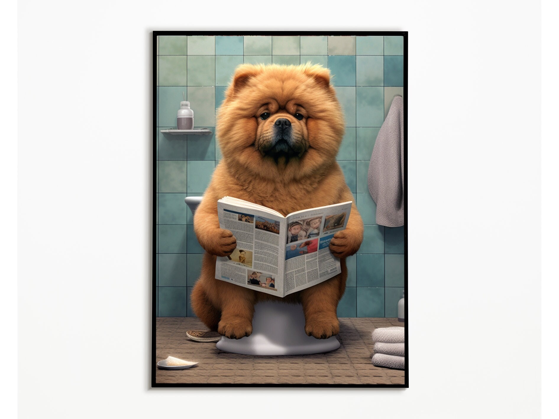 Chow Chow on the Toilet and Reading Newspaper, Bathroom Pictures ...