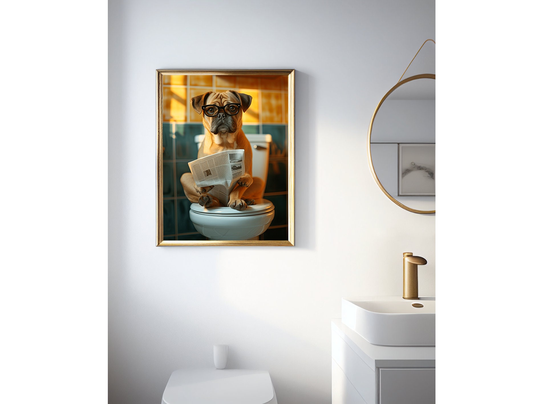 Puggle on the Toilet and Reading the Newspaper, Bathroom Picture ...