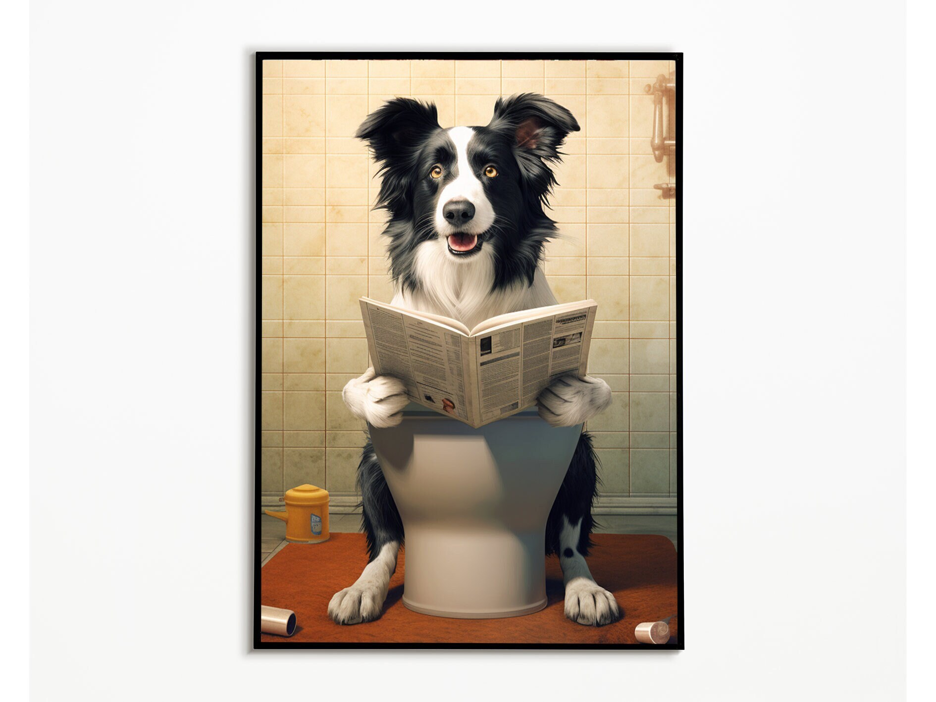 Border Collie on the Toilet and Reading the Newspaper, Bathroom Picture ...