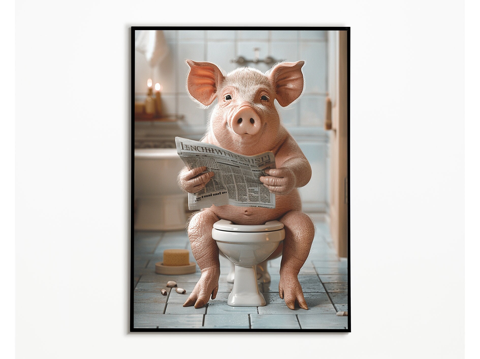 Schwein Auf Der Toilette Und Liest Zeitung, Badezimmer Poster ...