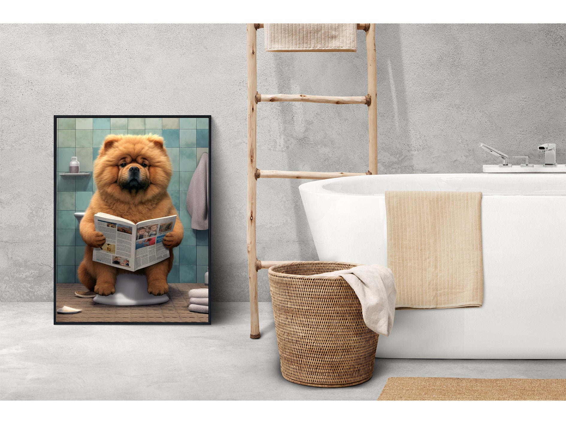 Chow Chow on the Toilet and Reading Newspaper, Bathroom Pictures ...