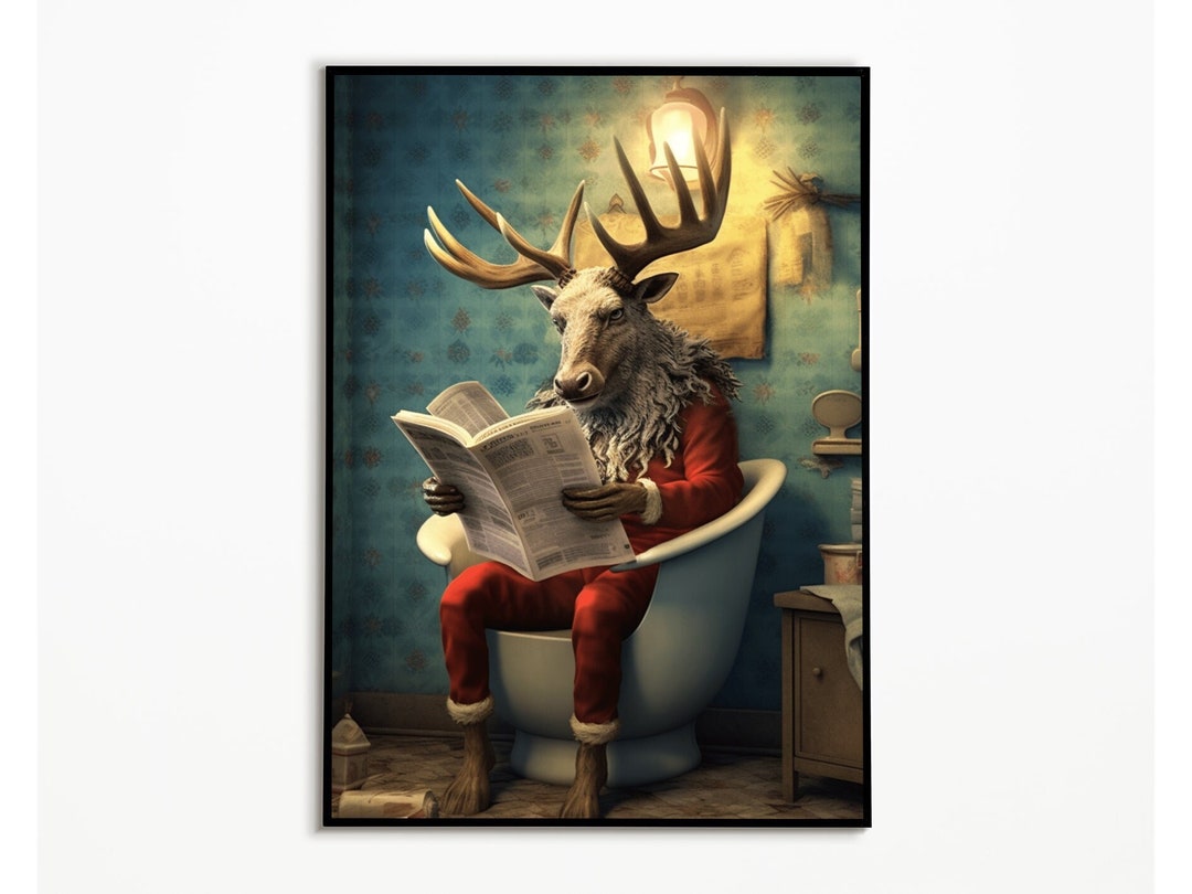 Christmas Poster Reindeer on the Toilet, Living Room Poster, Christmas ...