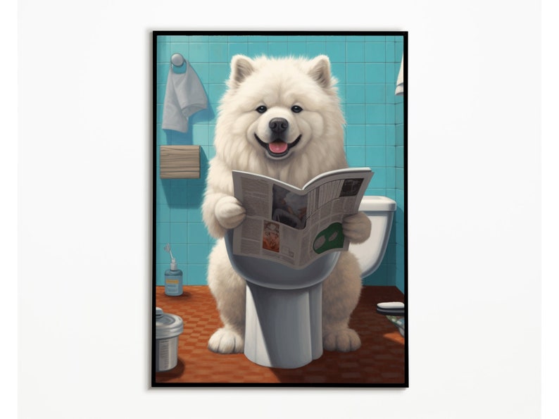 Chow Chow on the Toilet and Reading Newspaper, Bathroom Pictures ...