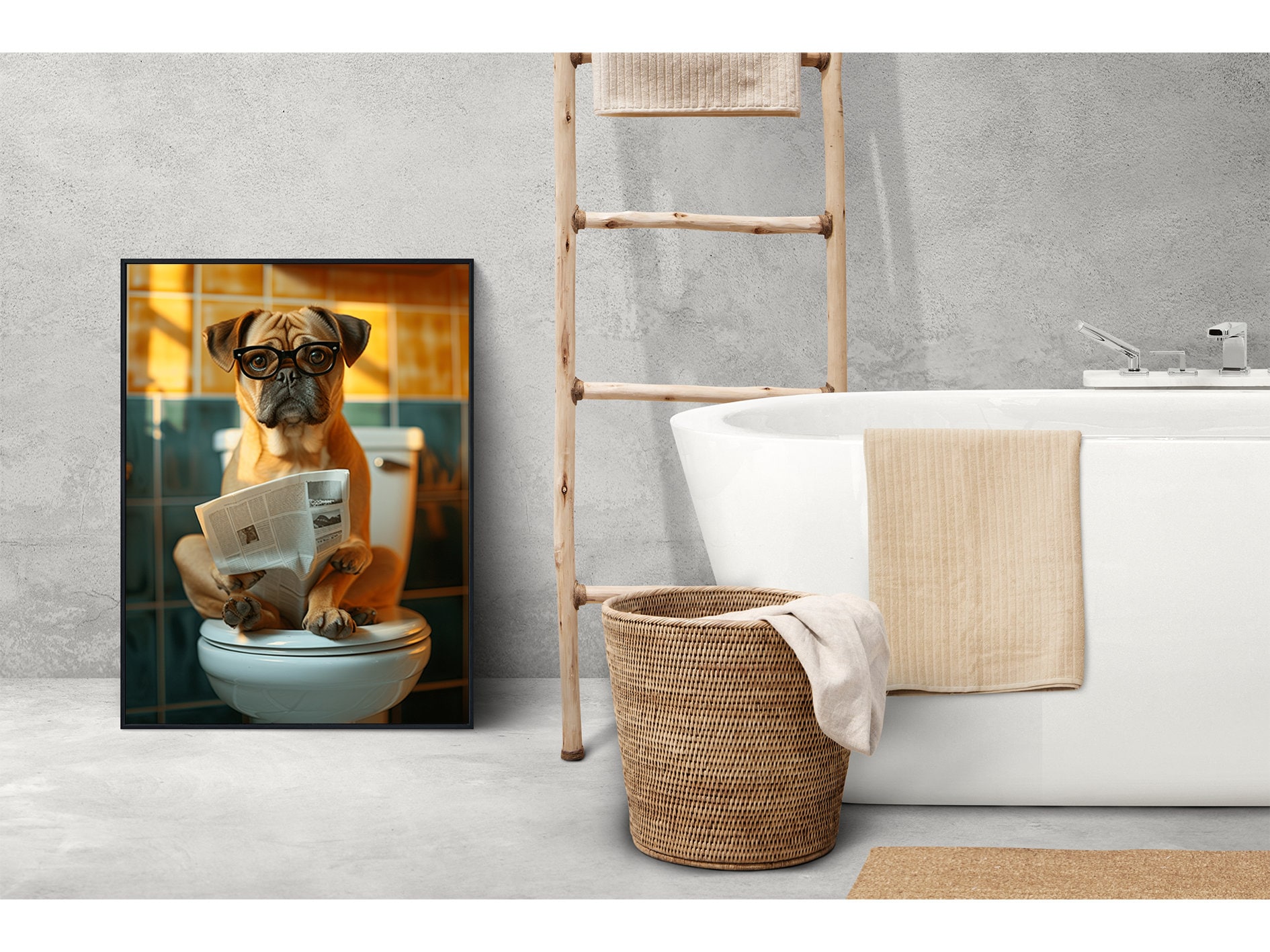 Puggle on Toilet and Reading Newspaper, Bathroom Picture, Bathroom ...