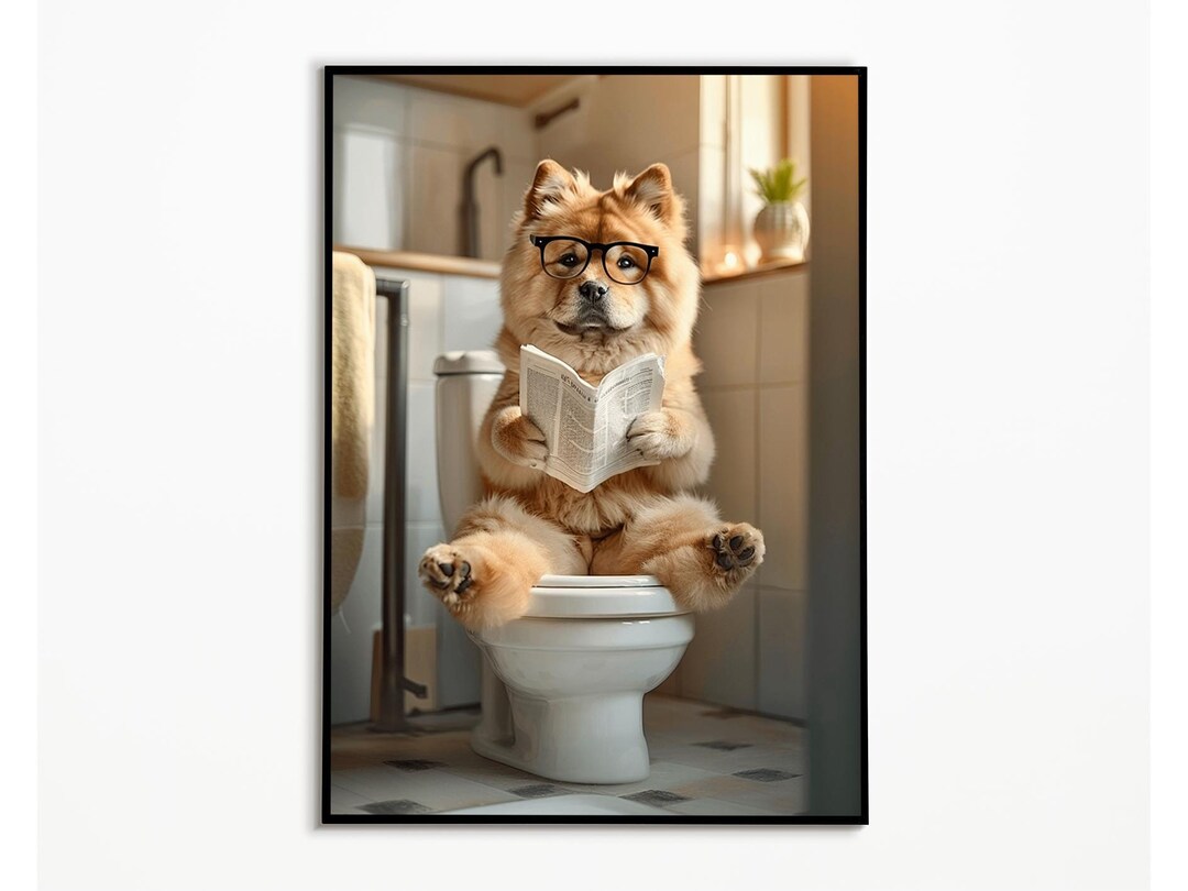 Chow Chow on the Toilet and Reading Newspaper, Bathroom Pictures ...